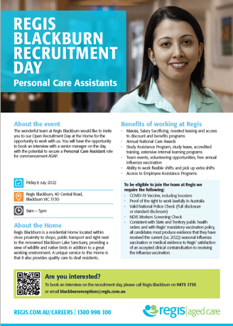 REGIS AGED CARE Blackburn | OPEN RECRUITMENT DAY